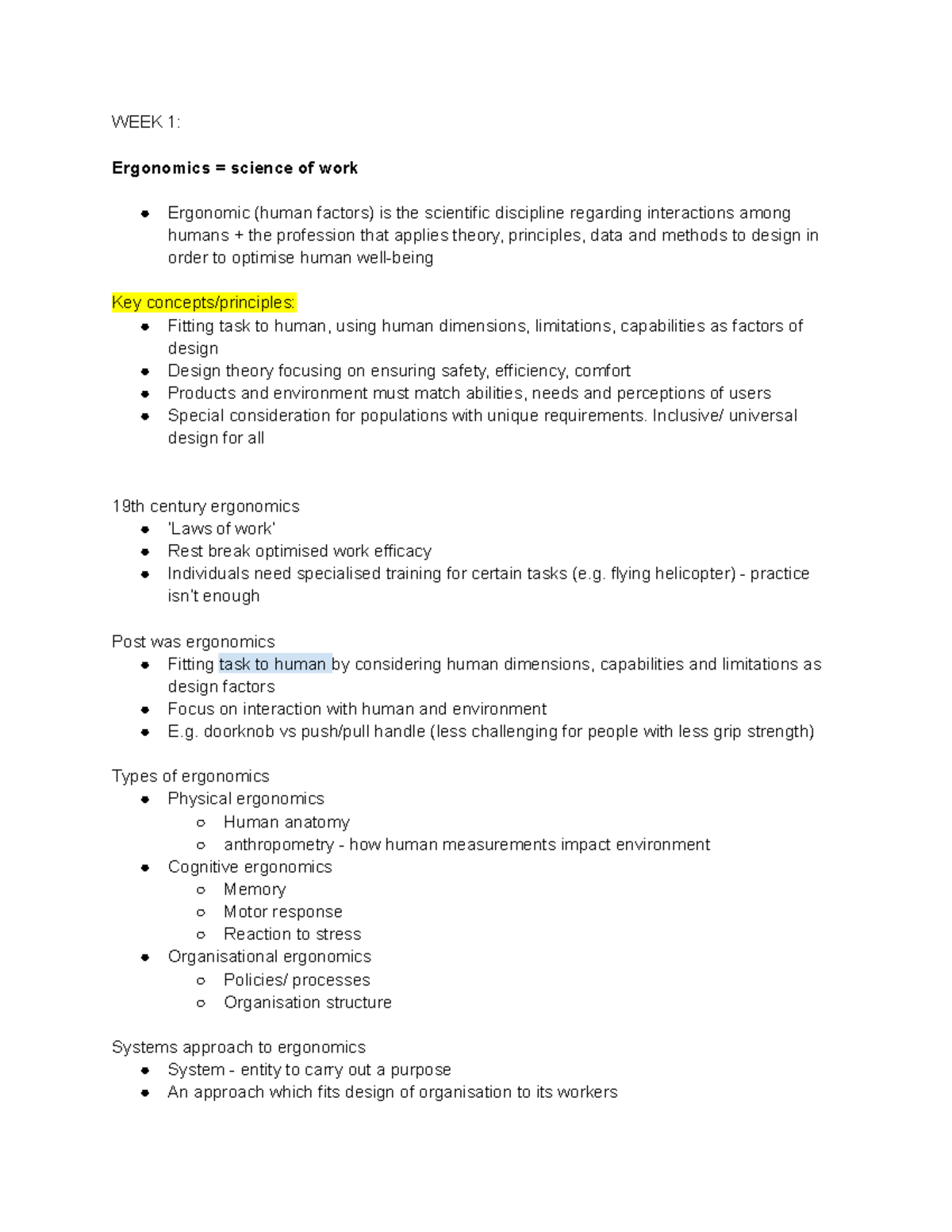 OTHY202 - Ergonomics - Week 1-12 complete lecture notes - WEEK 1 ...