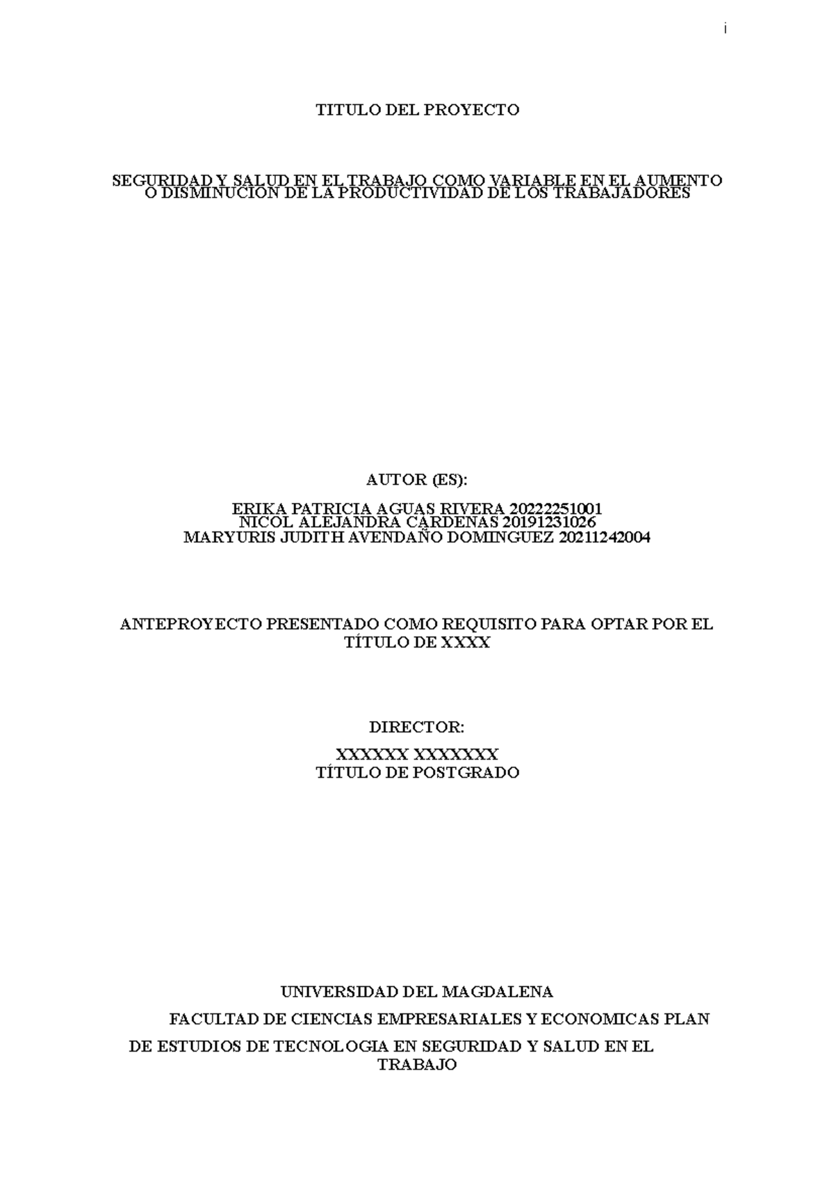 PROYECTO de investigacion - i TITULO DEL PROYECTO SEGURIDAD Y SALUD EN ...