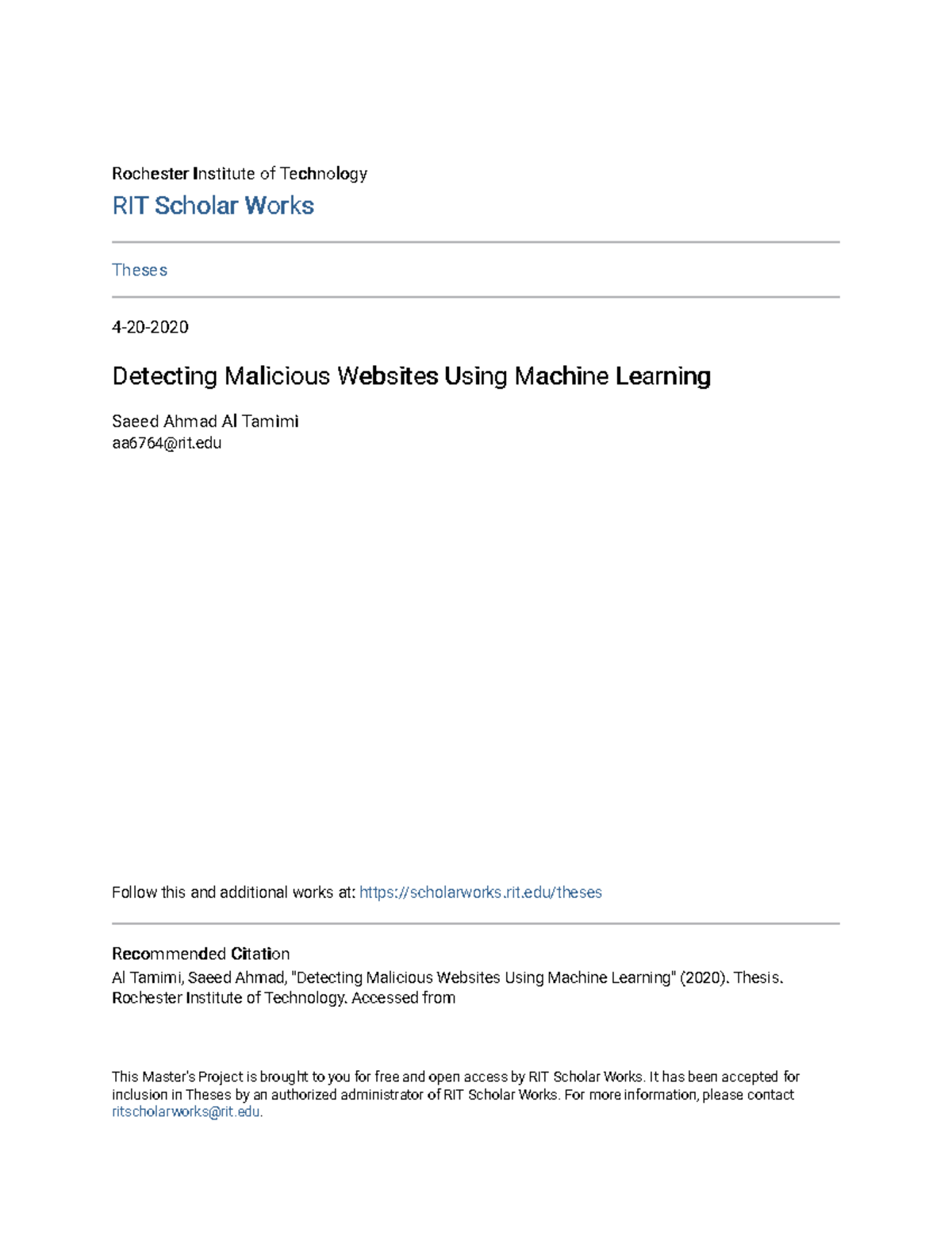 Detecting Malicious Websites Using Machine Learning - Rochester ...