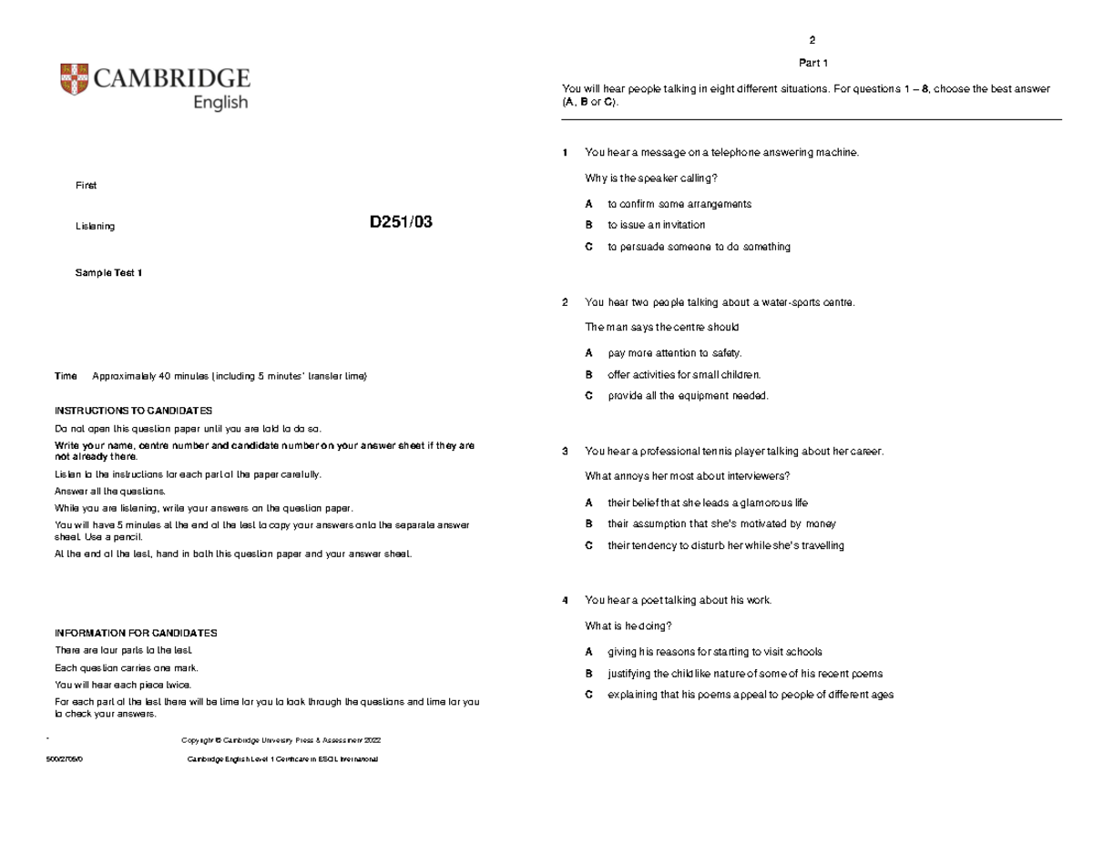 B2 First sample paper 1 Listening 2022 - First Listening D251/ Sample ...