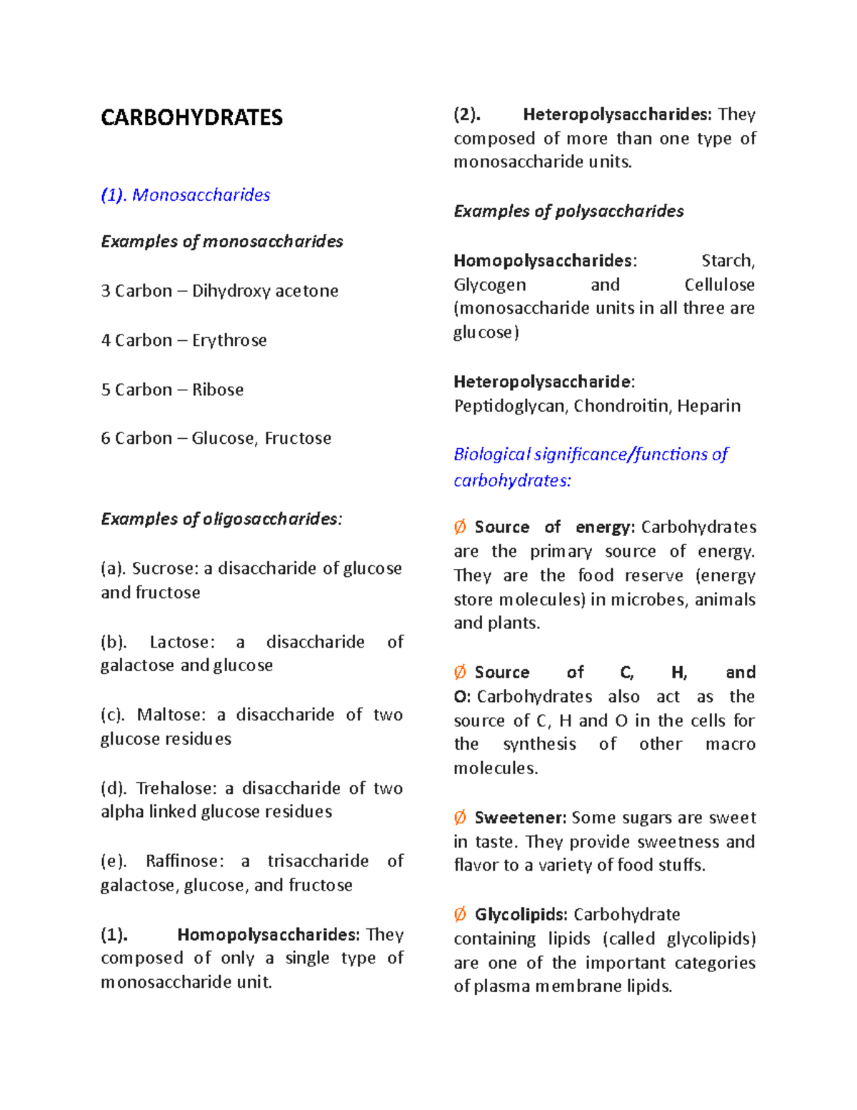 glycosides carbo - CARBOHYDRATES (1). Monosaccharides Examples of ...