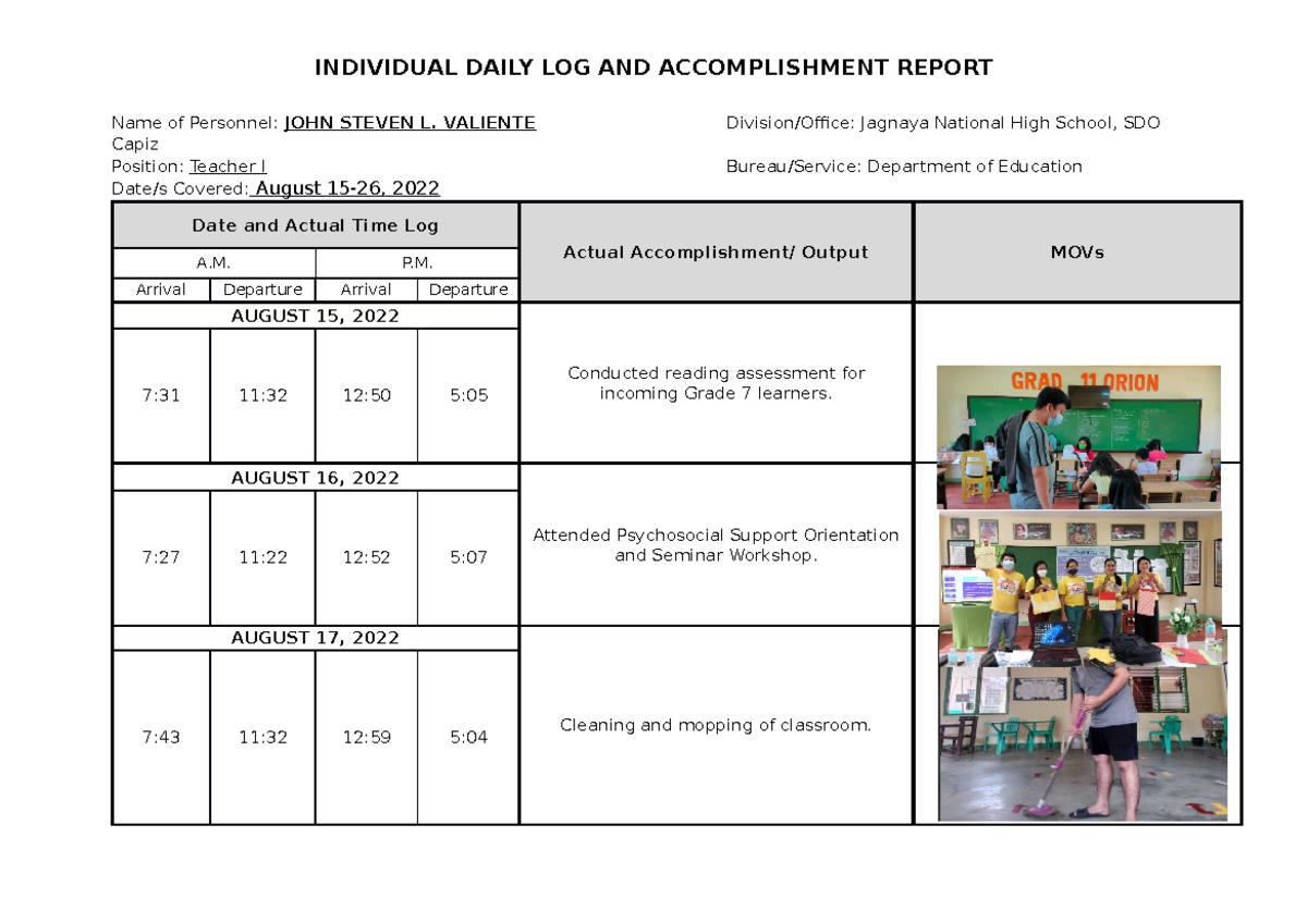 Brigada 2022-Accomplishment-Report (1) - Copy - INDIVIDUAL DAILY LOG ...