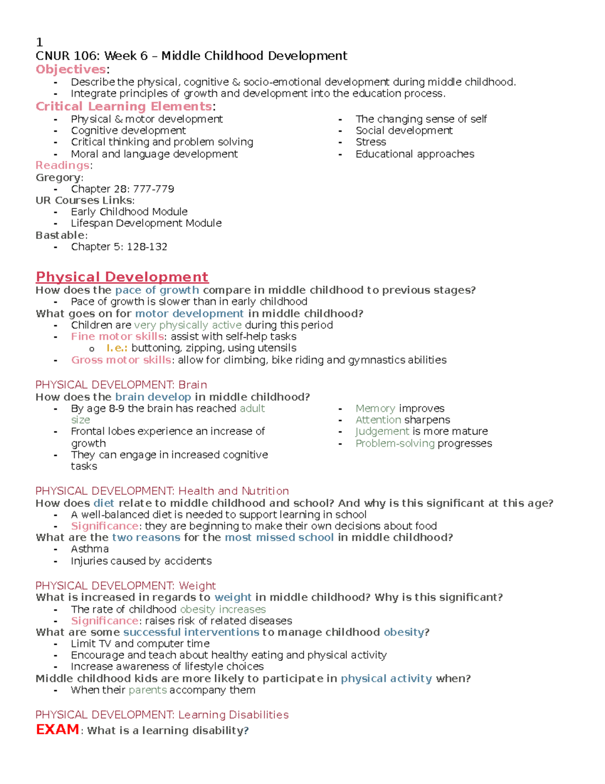 Week 6 Middle Childhood Development Module Notes 106 - CNUR 106: Week 6 ...