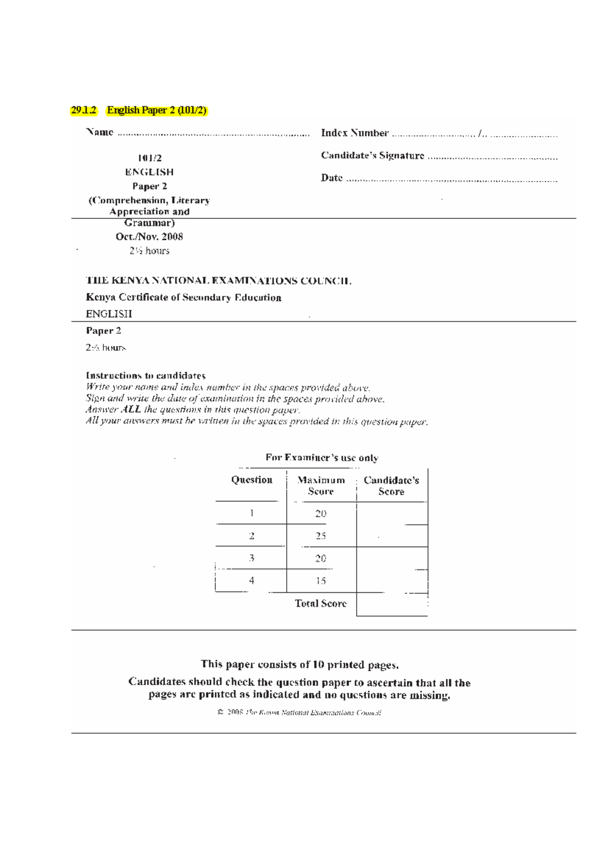 2008 KCSE -english pp2 questions - 29.1 English Paper 2 Name Index ...