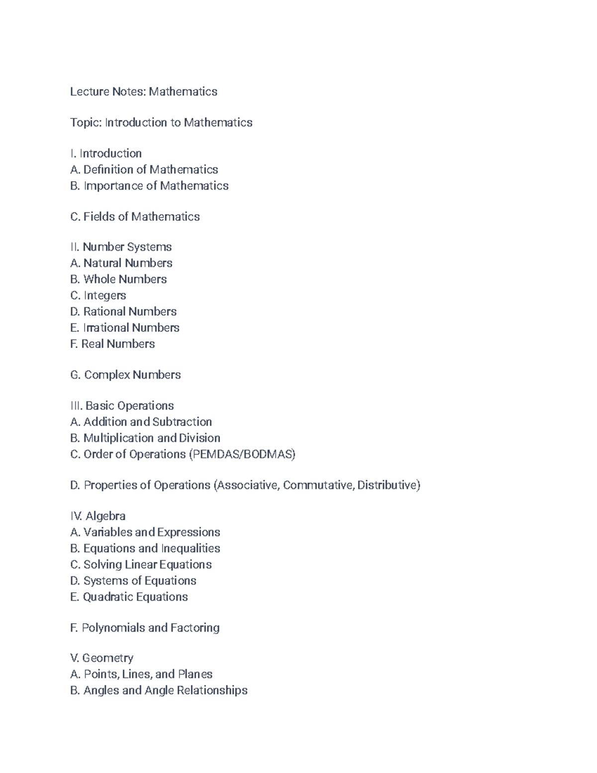 Lecture Notes Mathematics Lecture Notes Mathematics Topic