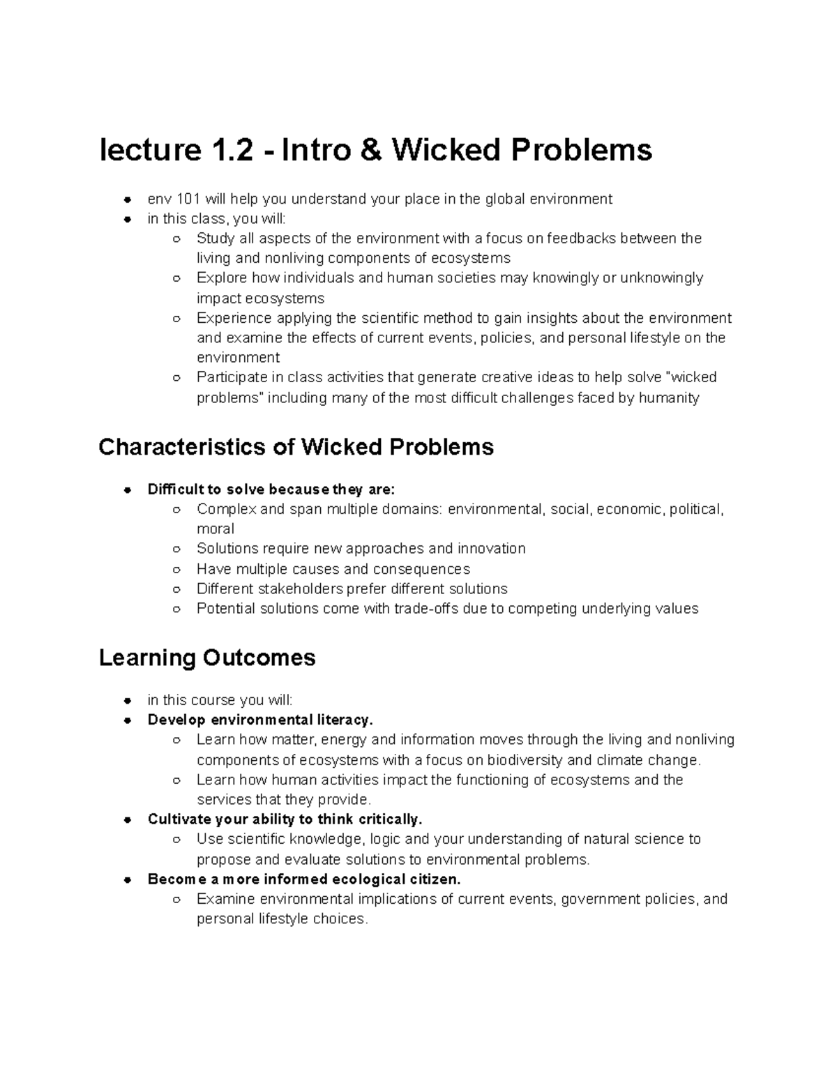 Env 101 Lecture Notes For Env 101 Lecture 1 Intro And Wicked Problems Env 101 Will Help