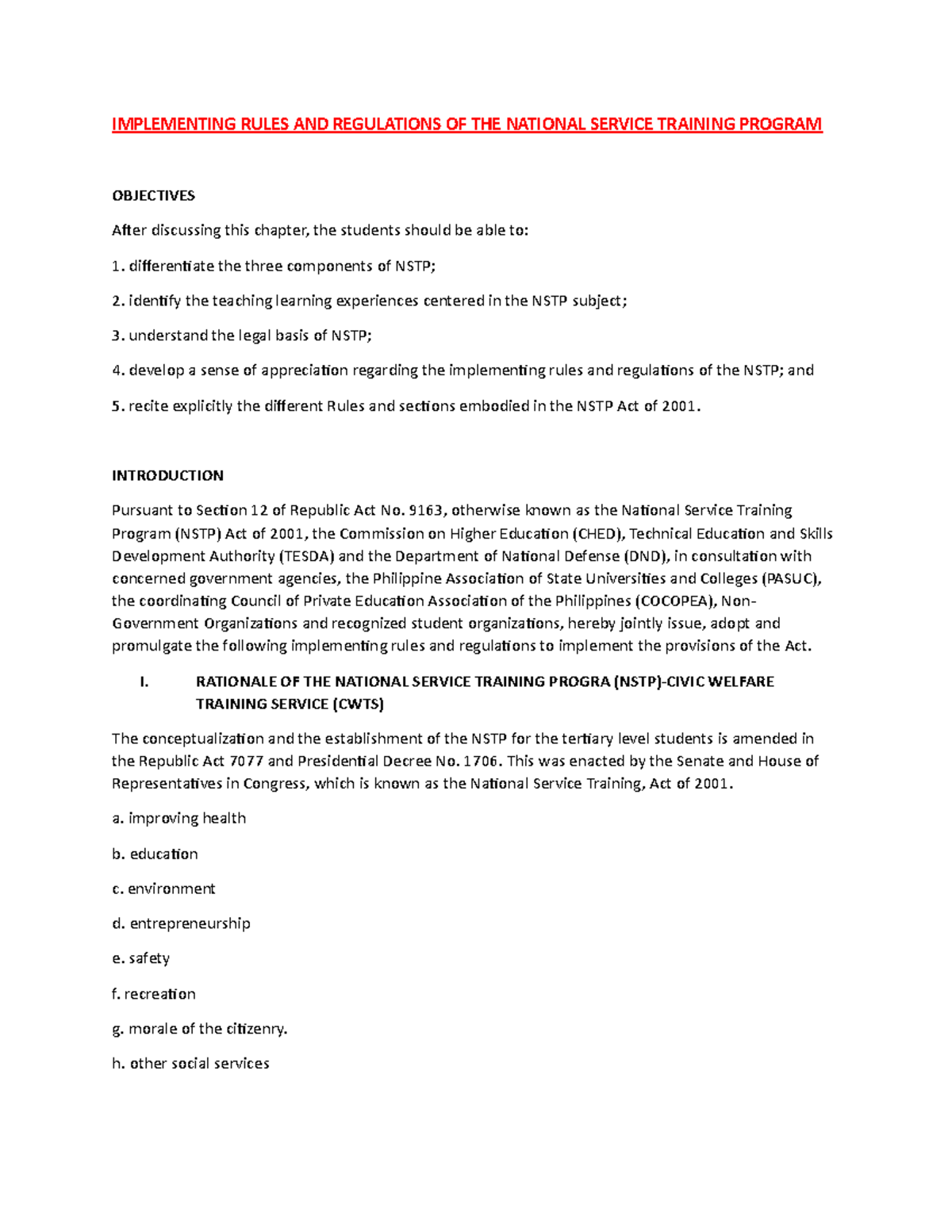 Implementing rules and regulations of the national service training ...