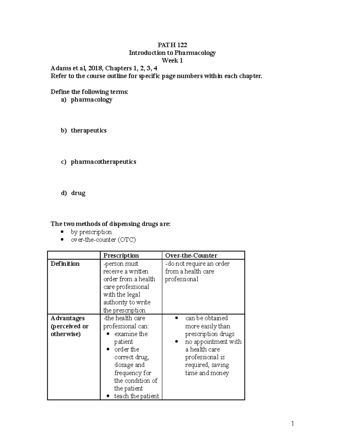 PATH 122 Intro to Pharmacology - PATH 122 Introduction to Pharmacology ...