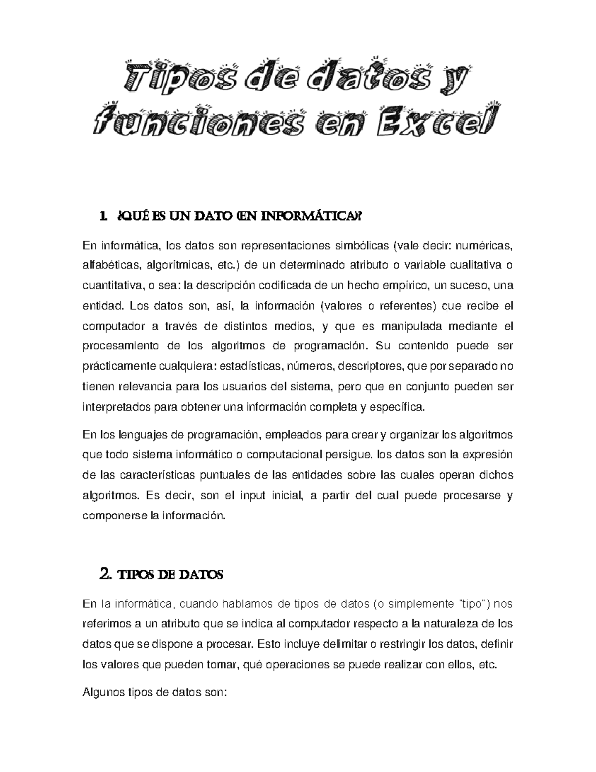 Tipos de datos y funciones en Excel - ¿Qué es un dato (en informática ...