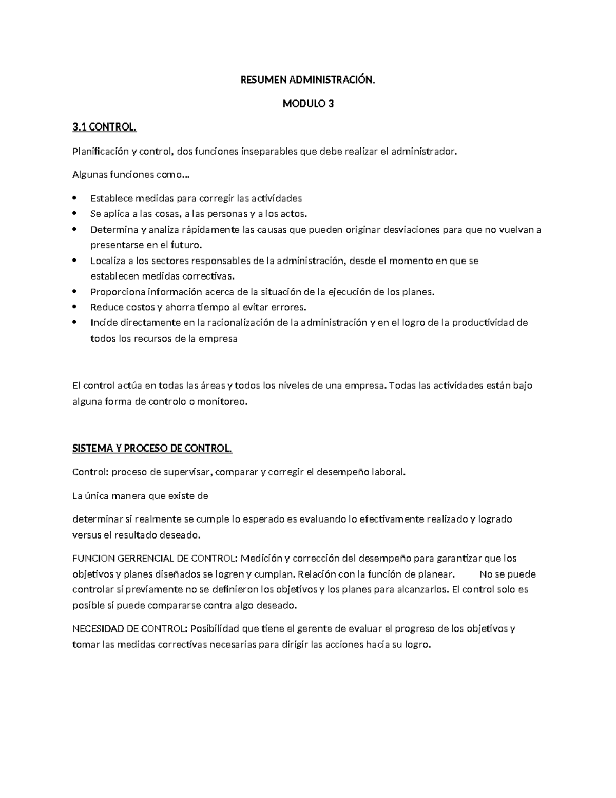 Resumen Administración - RESUMEN ADMINISTRACIÓN. MODULO 3 3 CONTROL ...