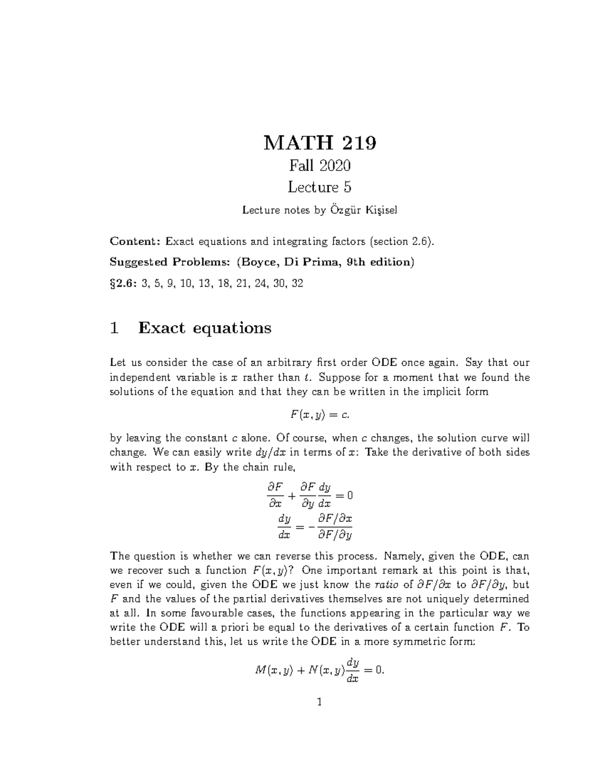 MATH219 Lecture 5 - MATH 219 Fall 2020 Lecture 5 Lecture notes by Ozg ̈ ...