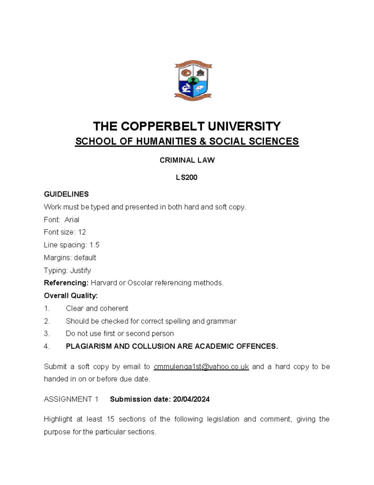 Criminal LAW Assignment 1 & 2 - 2024 - THE COPPERBELT UNIVERSITY SCHOOL ...