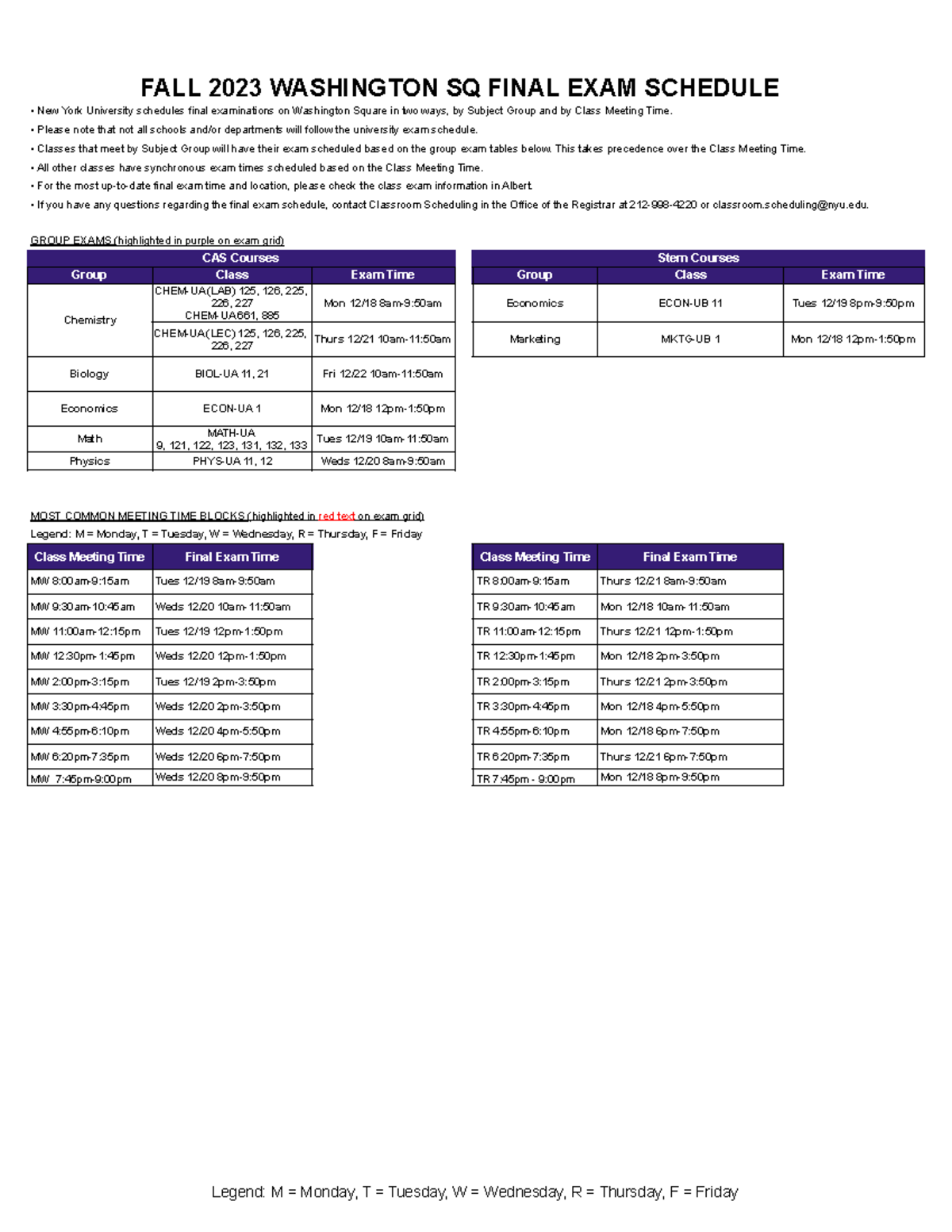 Fall 2023 Final Exam Schedule - WSQ 10112023 - FALL 2023 WASHINGTON SQ ...