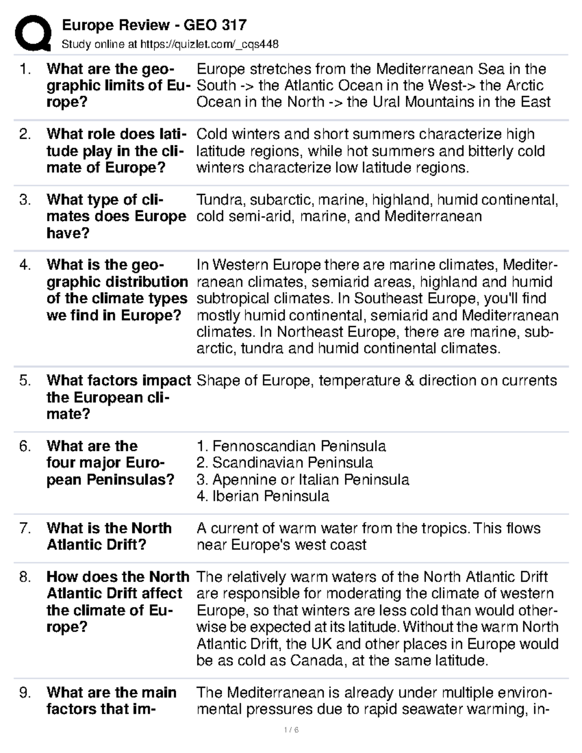 Europe Review Questions - GEO 317 - Studocu