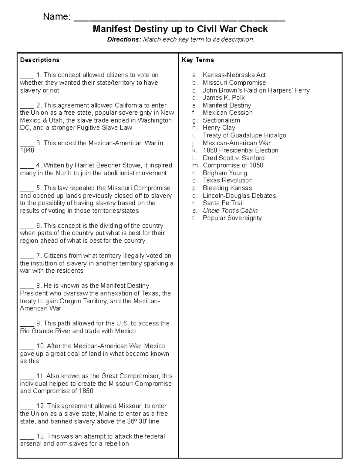 Ayana Paige - Manifest Destiny up to Civil War Vocabulary Check - Name ...