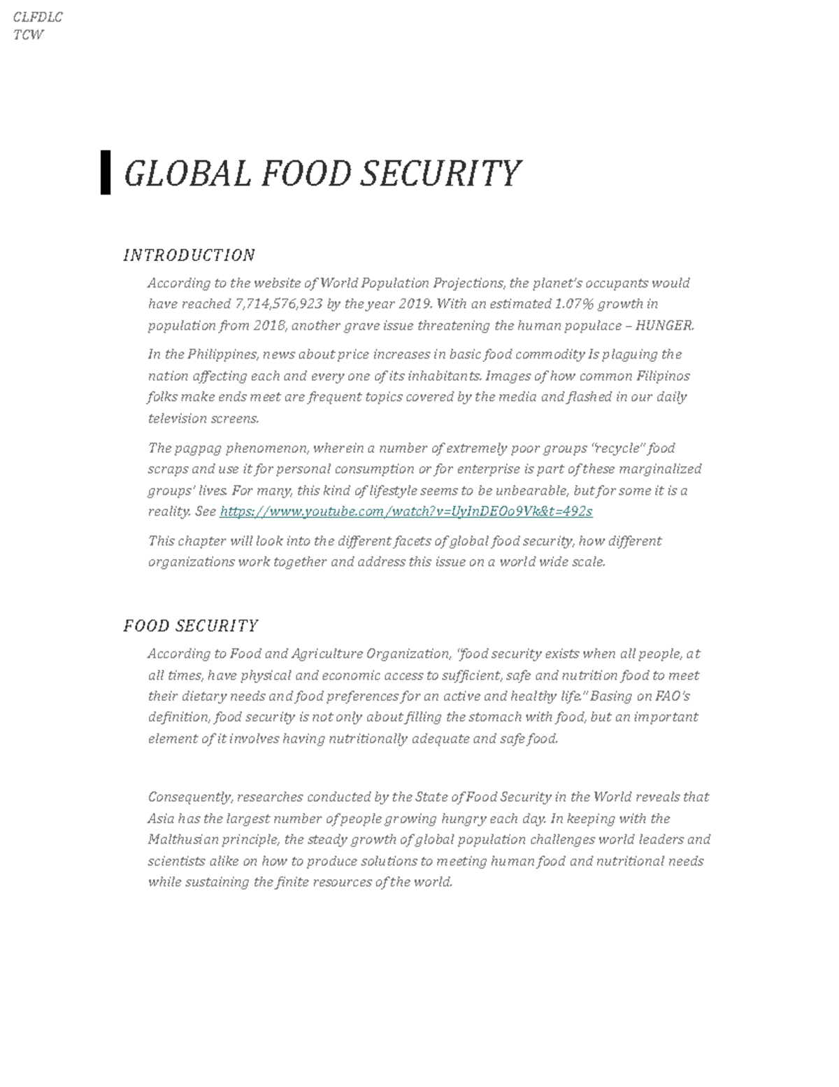 Global Food Security (Readings) - GLOBAL FOOD SECURITY INTRODUCTION ...