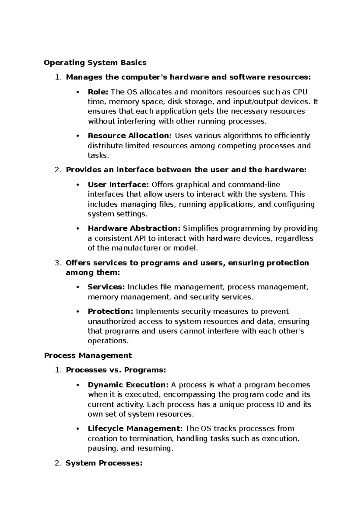 quiz notes assesment - Operating System Basics 1. Manages the computer ...