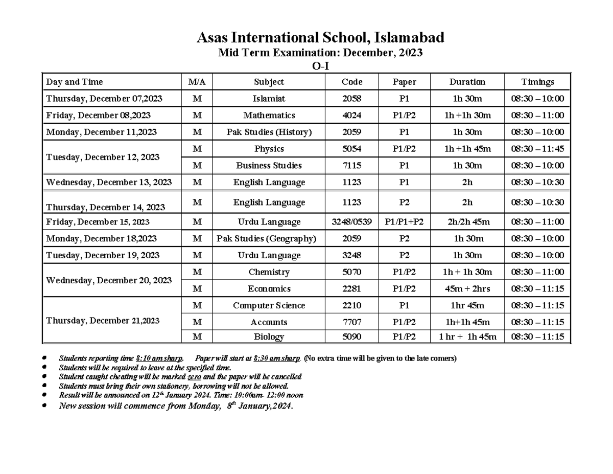 Mid Term Date Sheet 23 - ykb - Asas International School, Islamabad Mid ...