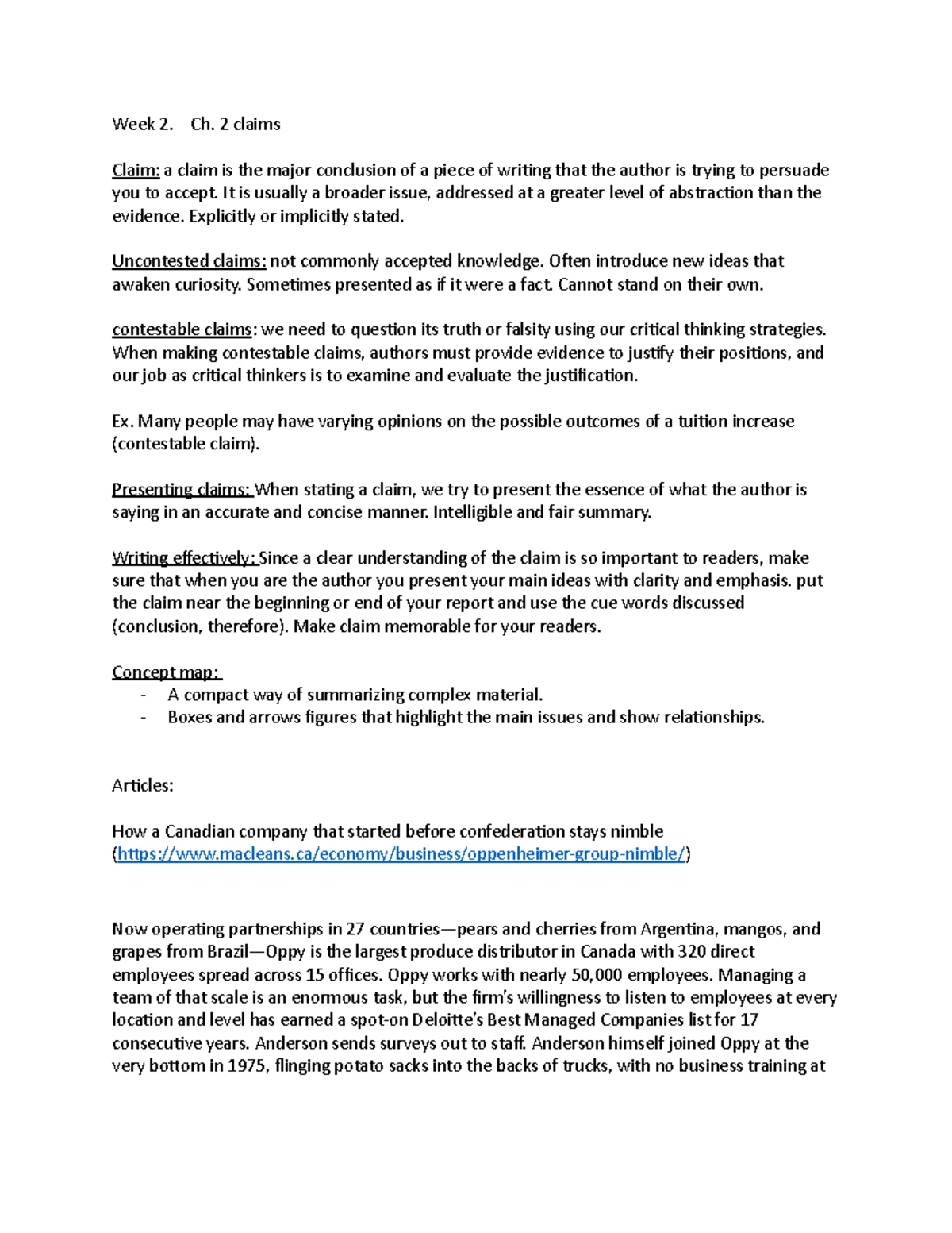 Week 2 - lecture notes ch 2 - Week 2. Ch. 2 claims Claim: a claim is ...
