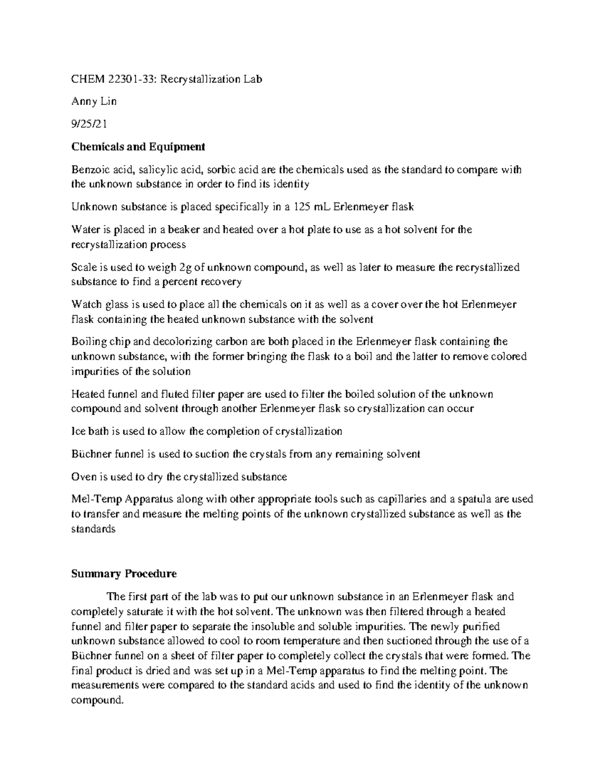 CHEM 223 01-33(Recrystallization Lab-Anny Lin) - CHEM 223 - Hunter ...