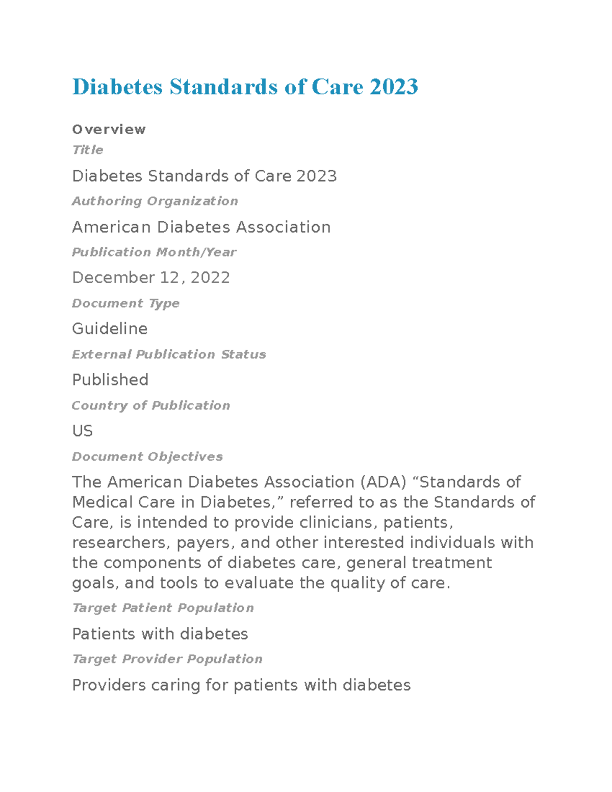 Diabetes Standards of Care 2023 - Target Patient Population Patients ...