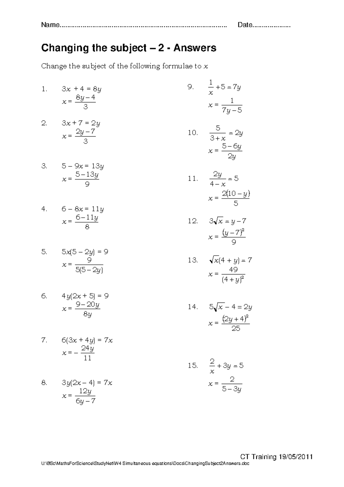 Changing Subject Worksheet 2 Answers - - Studocu