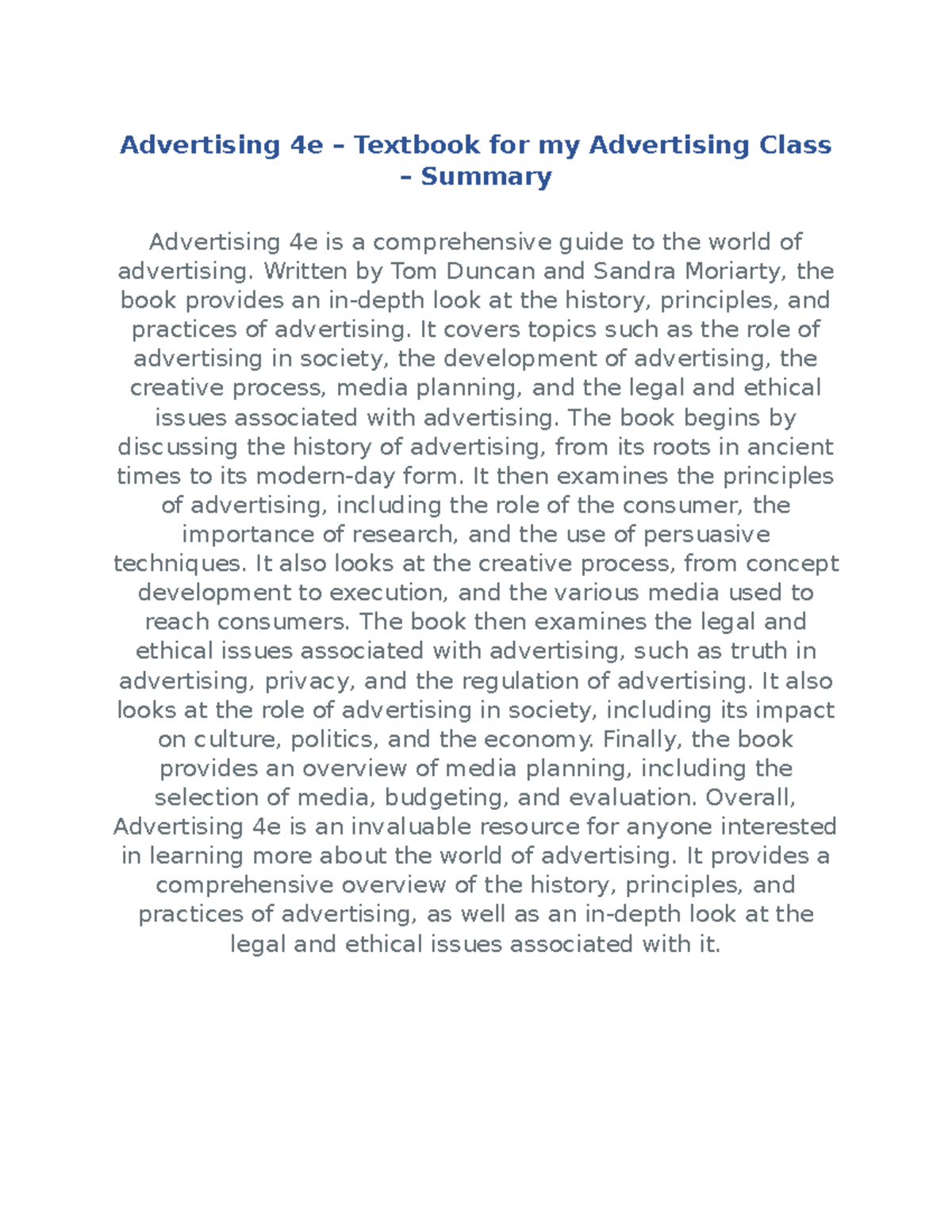 Advertising 4e – Textbook for my Advertising Class – Summary - Written ...