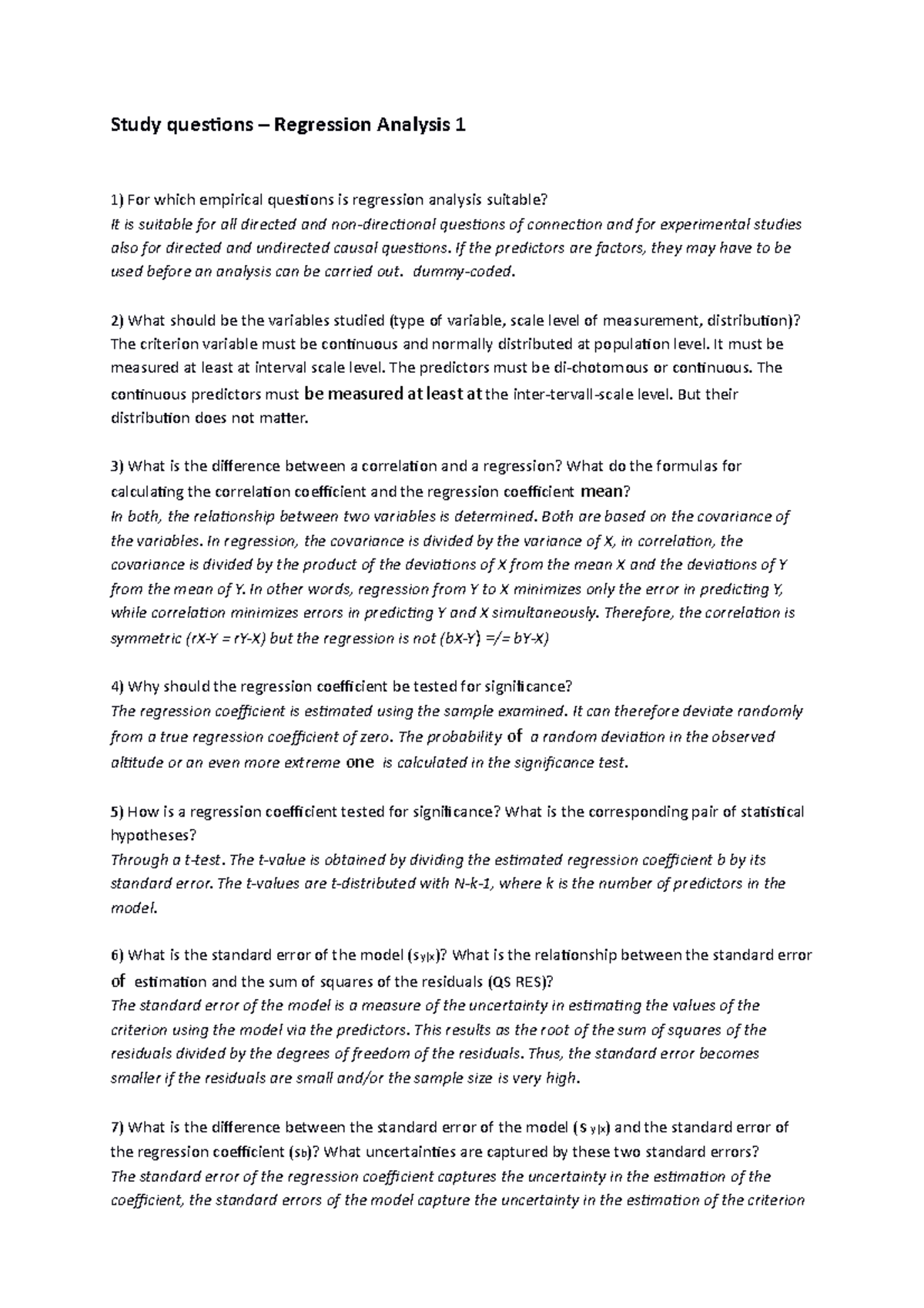 Study questions 14 - Regression analysis 1 - Study questions ...