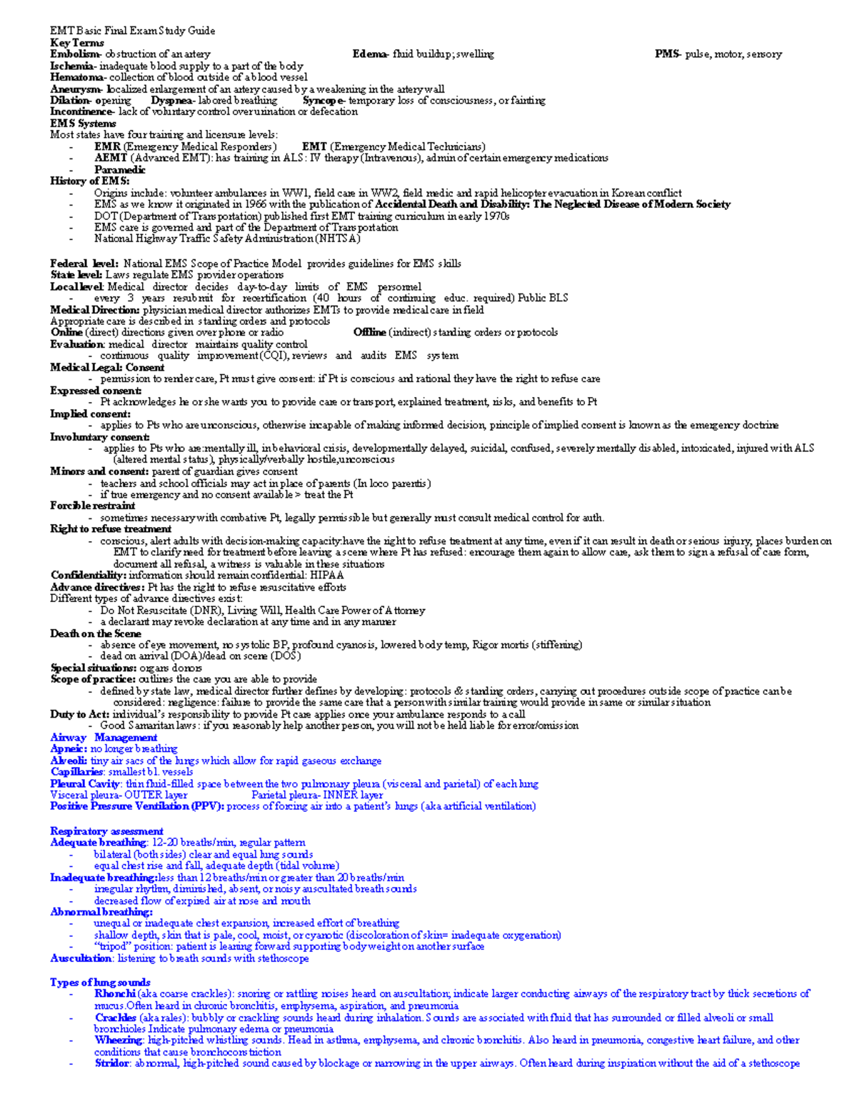EMT Basic Final Exam Study Guide - required) Public BLS Medical ...