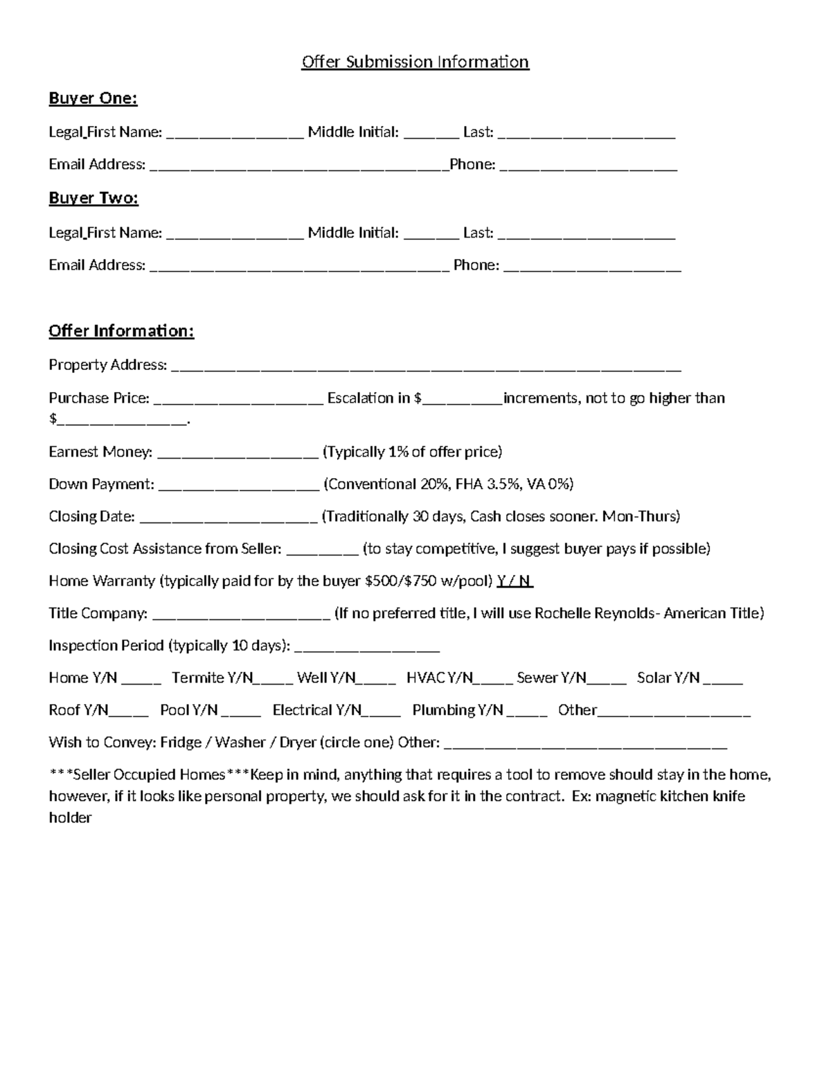 Offer submission information - Offer Submission Information Buyer One ...