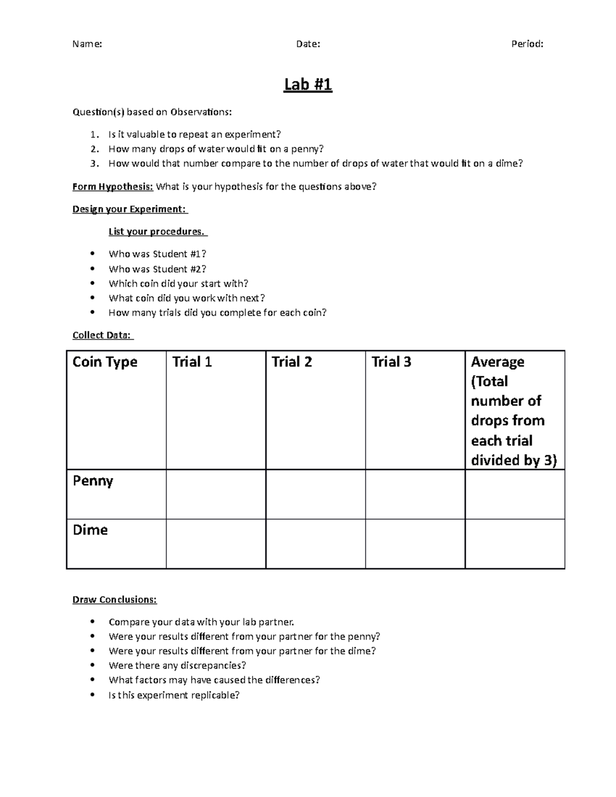 Penny experiment - Free - Name: Date: Period: Lab Question(s) based on ...
