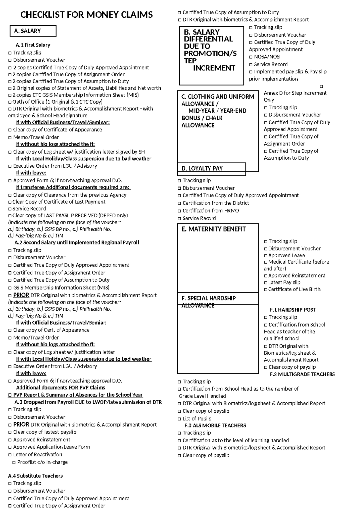 Check LIST FOR Money Claims - CHECKLIST FOR MONEY CLAIMS A First Salary ...