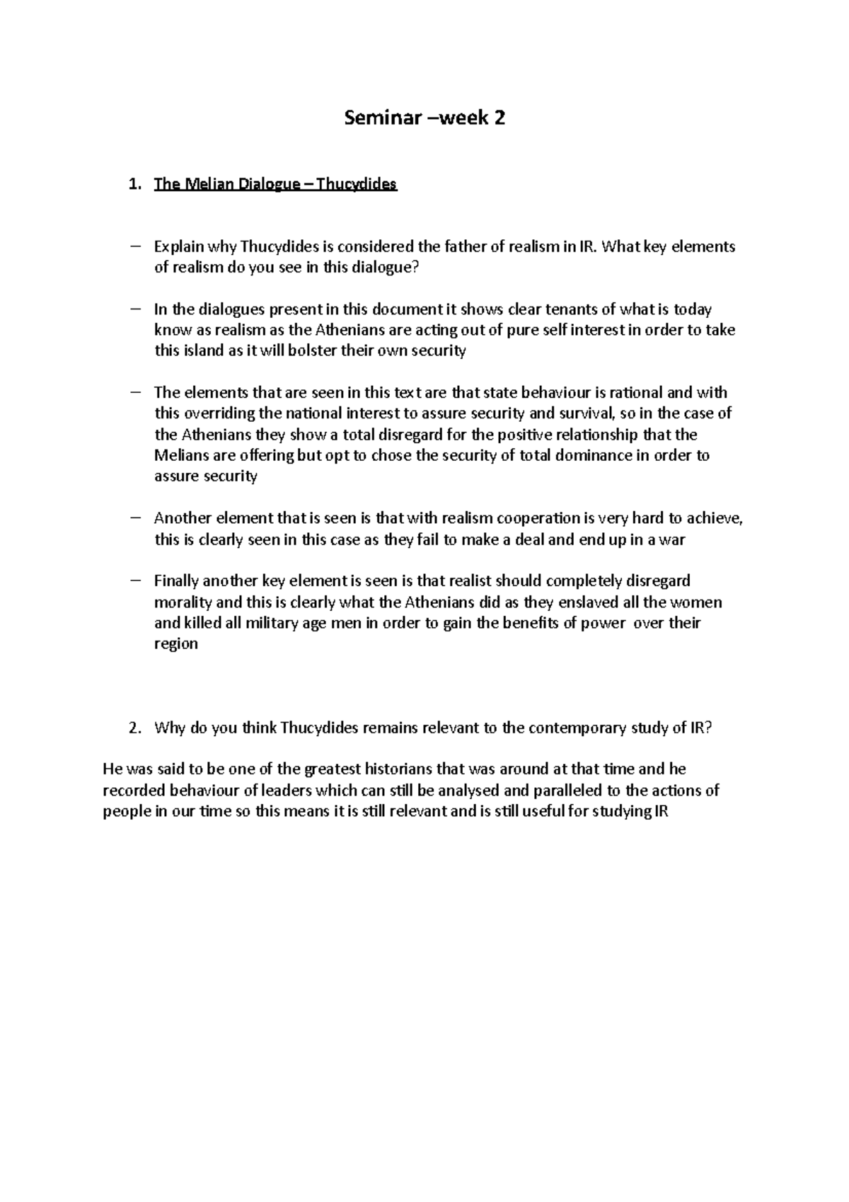 Seminar-week2 - Seminar –week 2 1. The Melian Dialogue – Thucydides ...