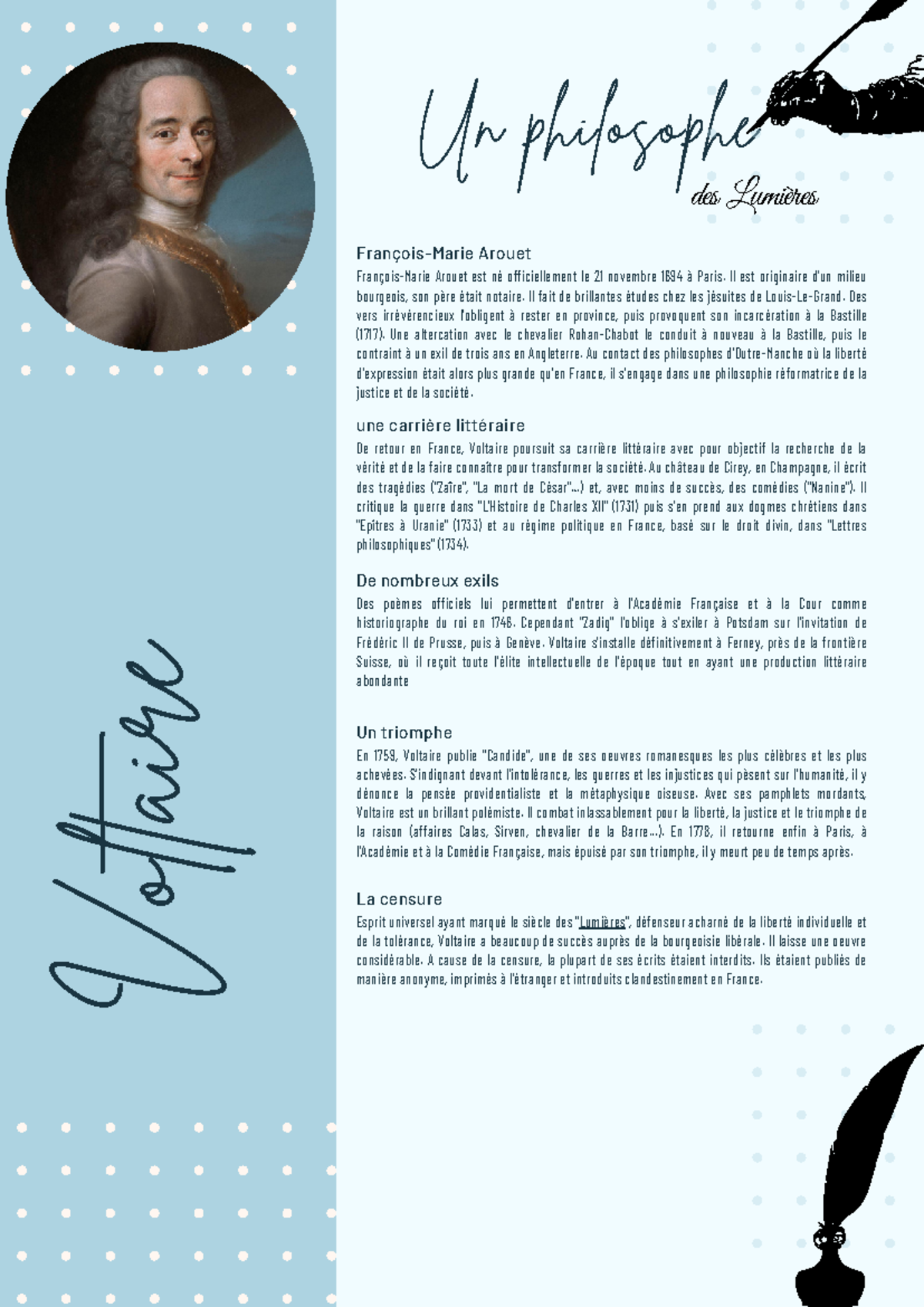 Biographie Voltaire - Un philosophe Voltaire François-Marie Arouet est ...