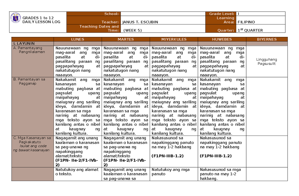 Quarter 2 Filipino WEEK 5 Grade 1 - GRADES 1 to 12 DAILY LESSON LOG ...