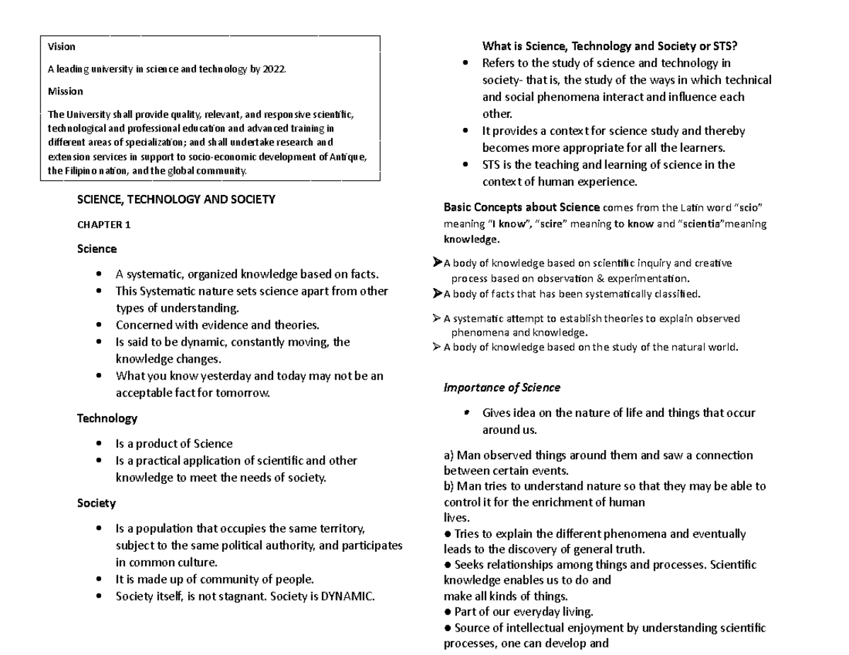 Topic 1 - SUbject hand outs for lesson 1 - SCIENCE, TECHNOLOGY AND ...