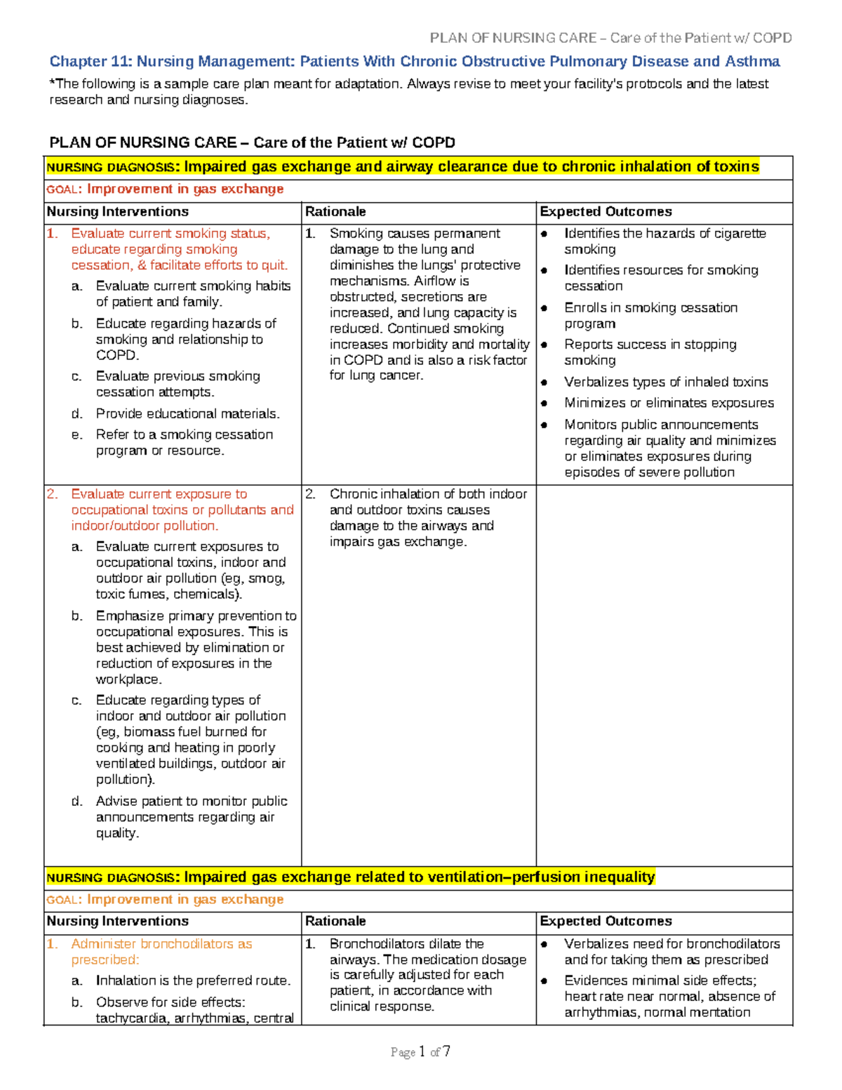 COPD-Asthma Care plan - Chapter 11: Nursing Management: Patients With ...