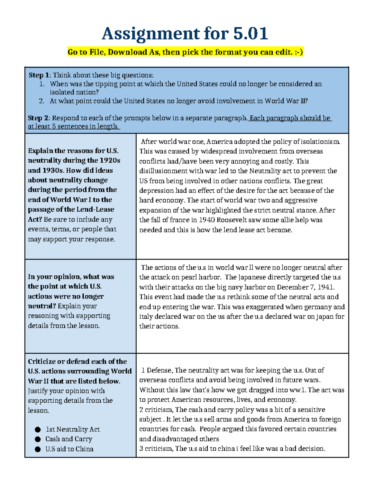 USH 5 - us history - Assignment for 5. Go to File, Download As, then ...