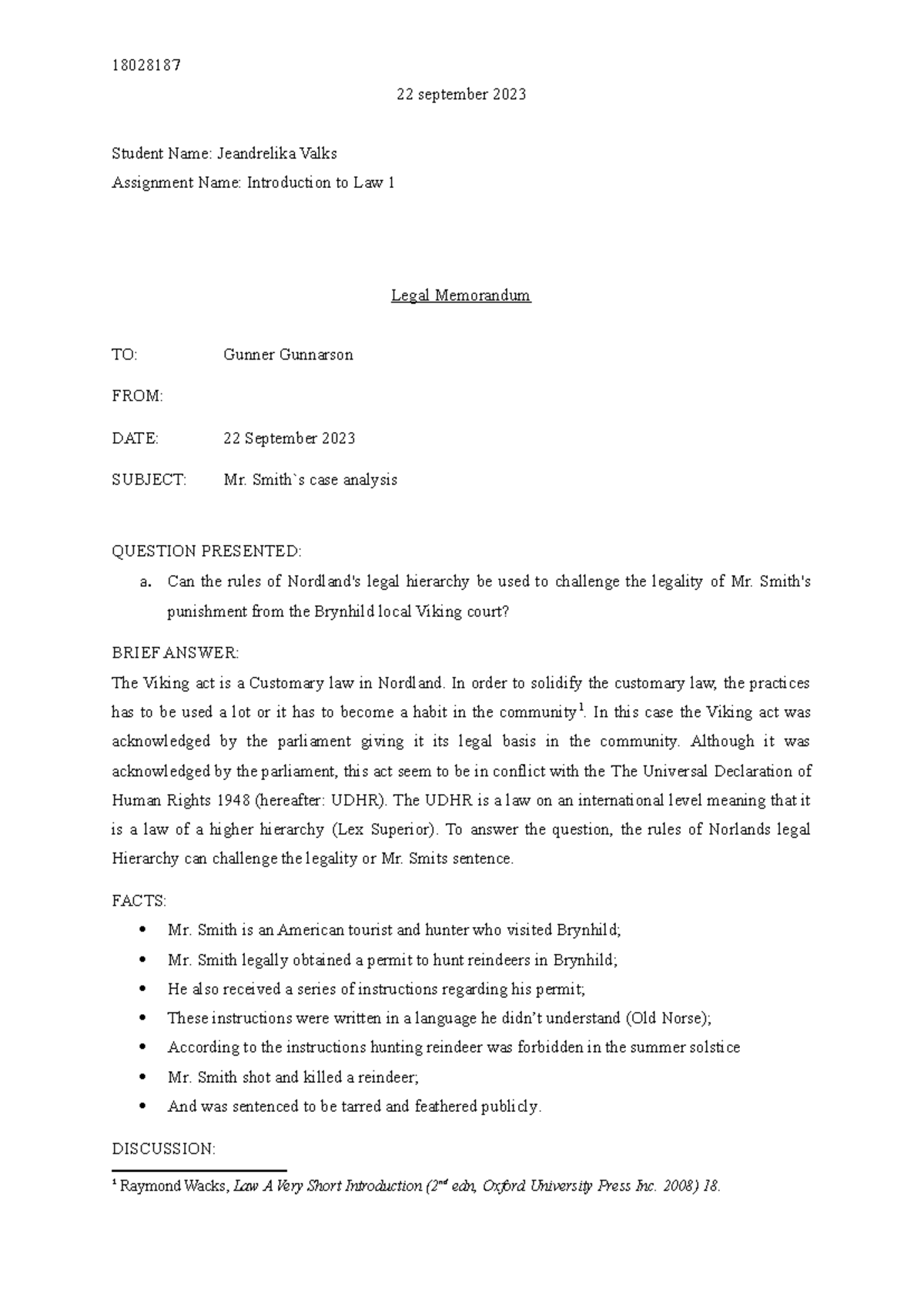 Kopie van Intro to Law 1-Legal Memorandum- 18028187 22 september 2023 ...