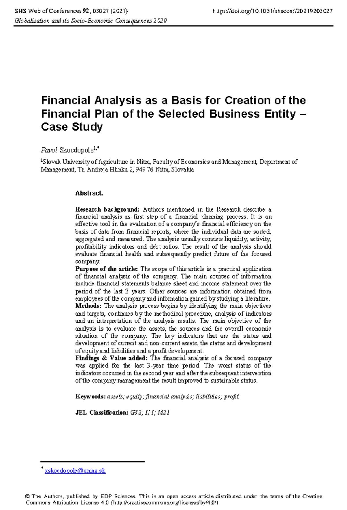 Financial Analysis as a Basis for Creation of the - Andreja Hlinku 2 ...