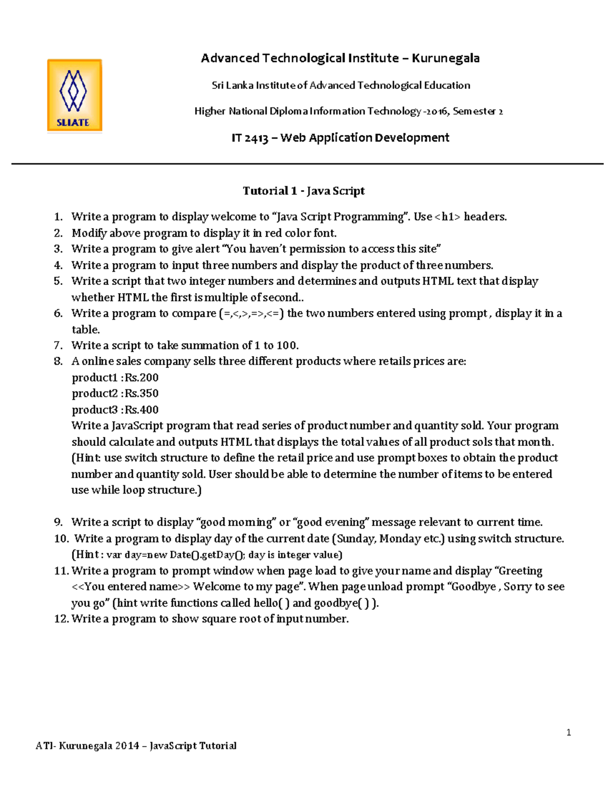 Java Script Tutorial - 1 Advanced Technological Institute – Kurunegala ...
