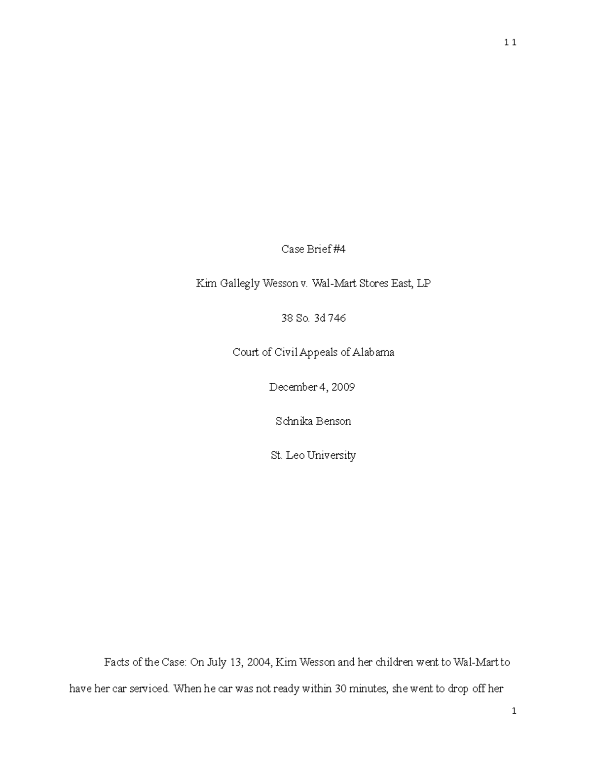 Case Brief #4 - 1 1 Case Brief Kim Gallegly Wesson v. Wal-Mart Stores ...
