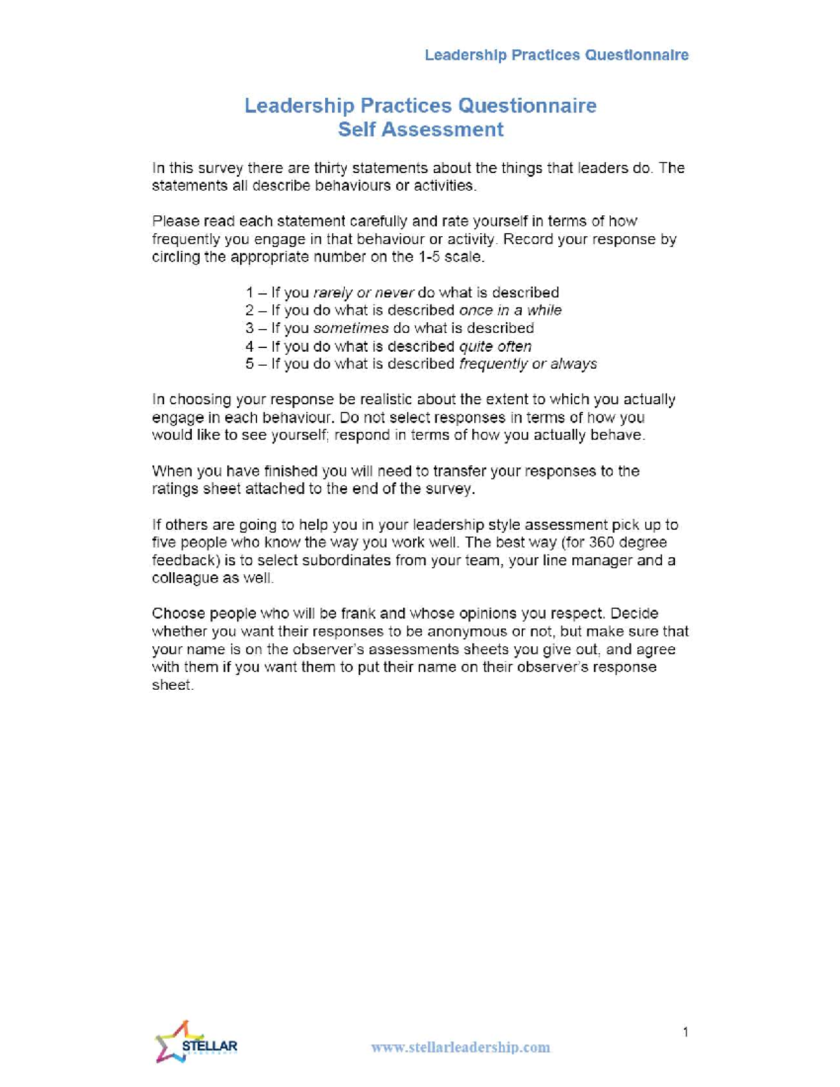 Leadership Practices Inventory Questionnaire - Website Development ...