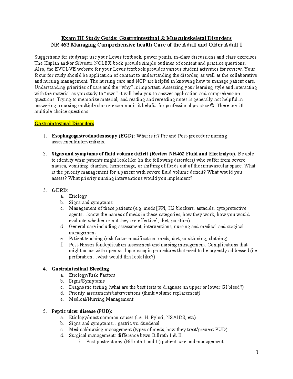 Gi-msk-studyguide - A study guide of muskuloskeletal and GI - Exam III ...