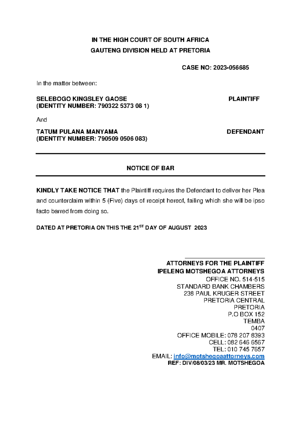 Notice OF BAR - IN THE HIGH COURT OF SOUTH AFRICA GAUTENG DIVISION HELD ...