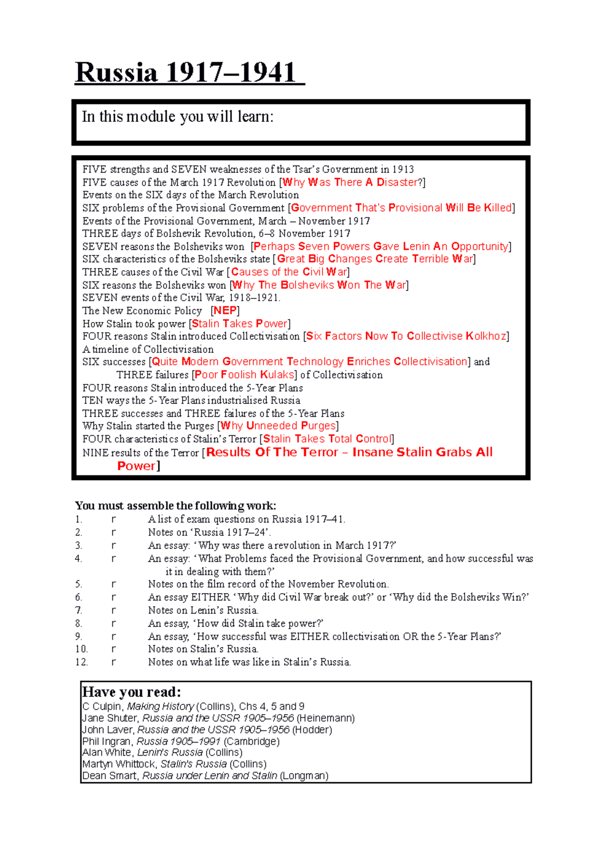 Russia Summary Sheet - Russia 1917– In this module you will learn: FIVE ...