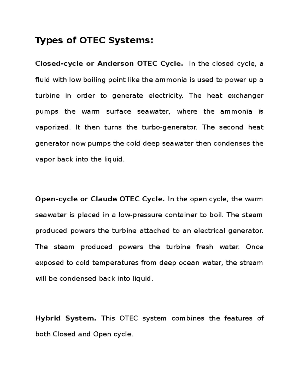 Types of OTEC Systems - Science, Technology, and Society - Types of ...