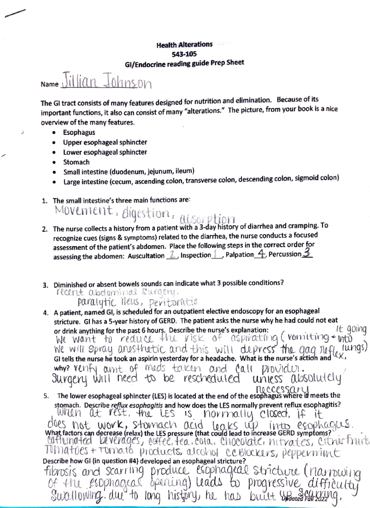 GI Endocrine prep guide - Health Alterations reading guide Prep Sheet ...