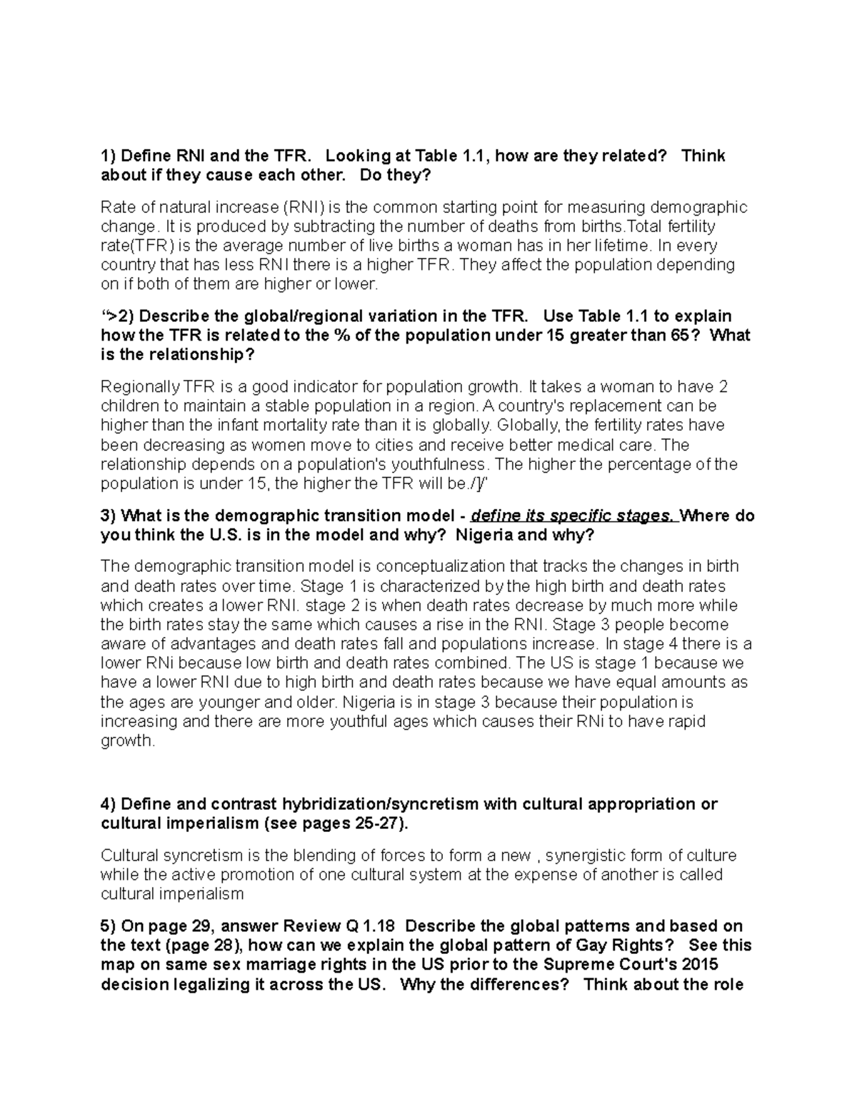 Global patterns - Define RNI and the TFR. Looking at Table 1, how are ...