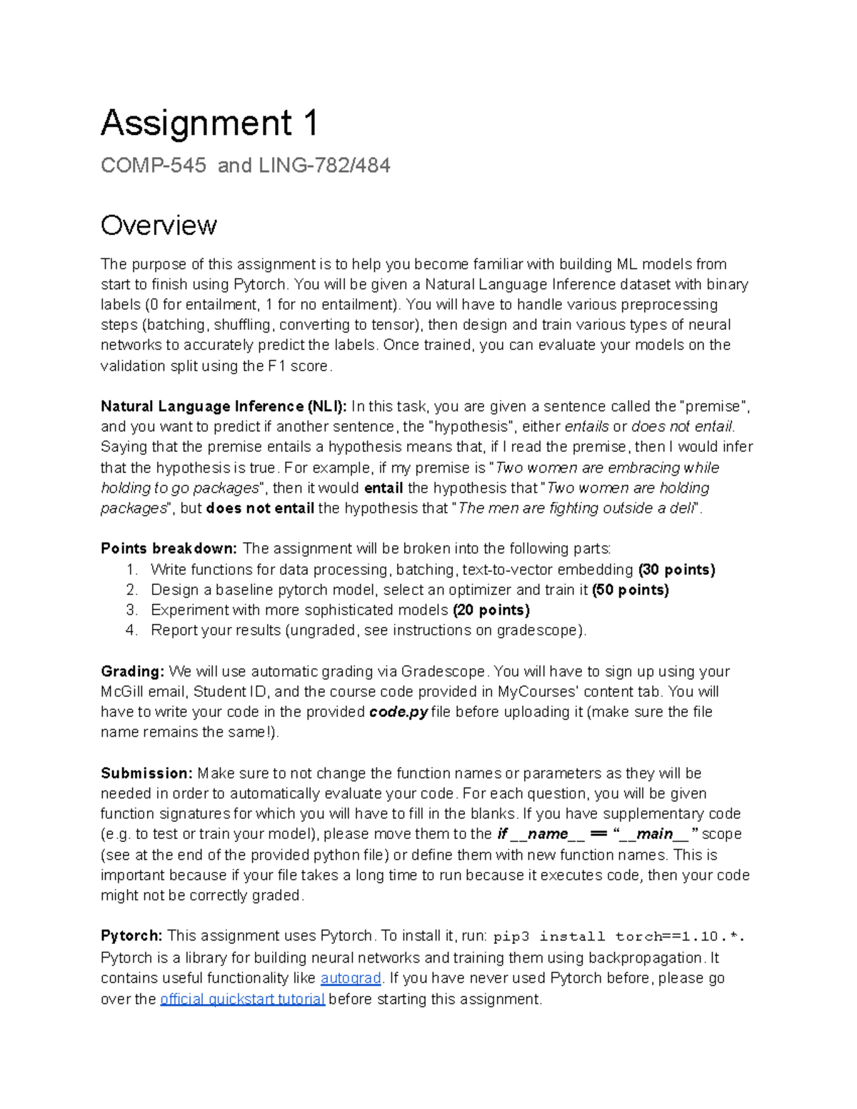 A1 Instructions - Assignment 1 COMP-545 and LING-782/ Overview The ...